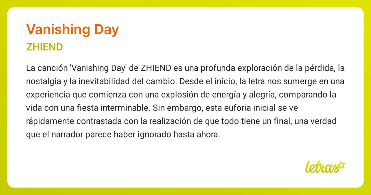 Significado de la canción VANISHING DAY (ZHIEND) - LETRAS.COM