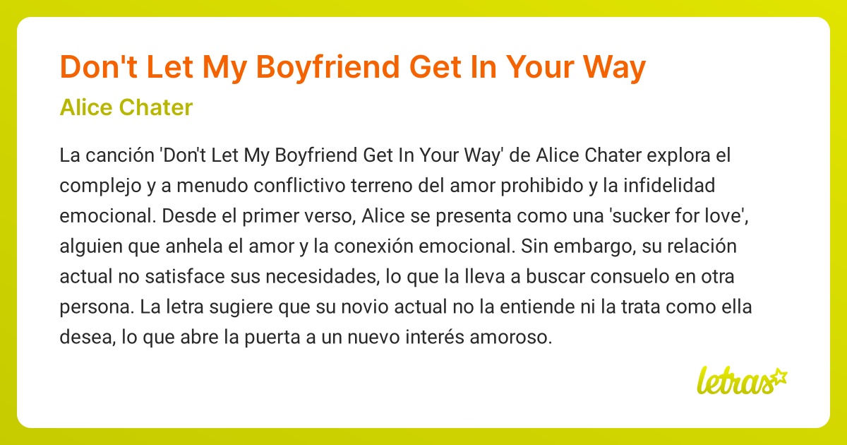 Significado de la canción Don't Let My Boyfriend Get In Your Way (Alice ...
