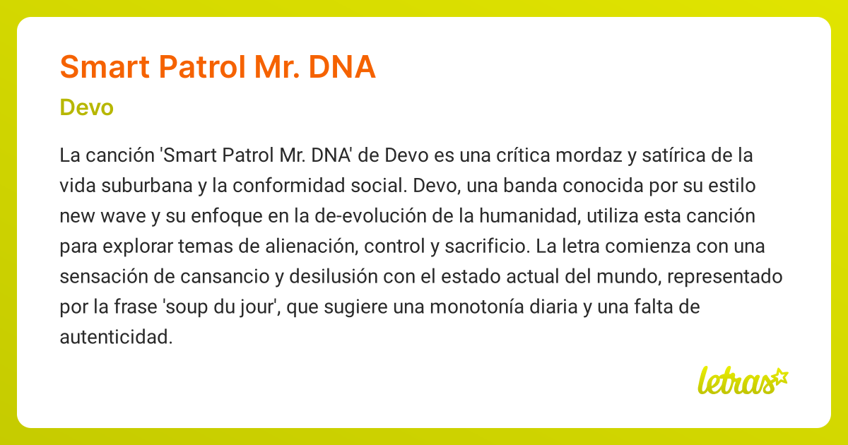 Significado de la canción SMART PATROL MR. DNA (Devo) - LETRAS.COM