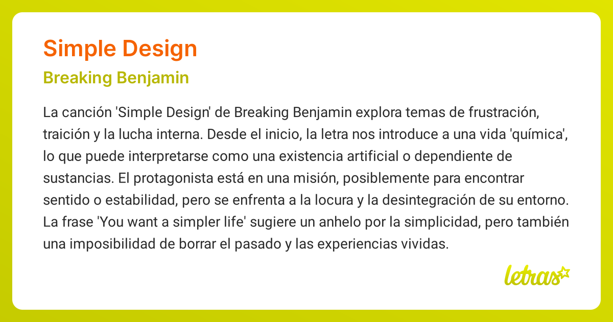 Significado de la canción SIMPLE DESIGN (Breaking Benjamin) - LETRAS.COM