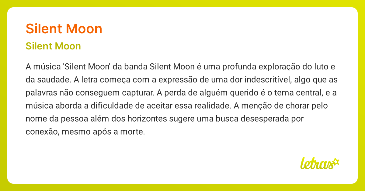 Significado da música SILENT MOON (Silent Moon) - LETRAS.MUS.BR