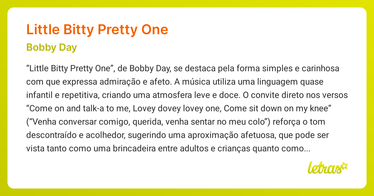 Significado da música LITTLE BITTY PRETTY ONE (Bobby Day) - LETRAS.MUS.BR