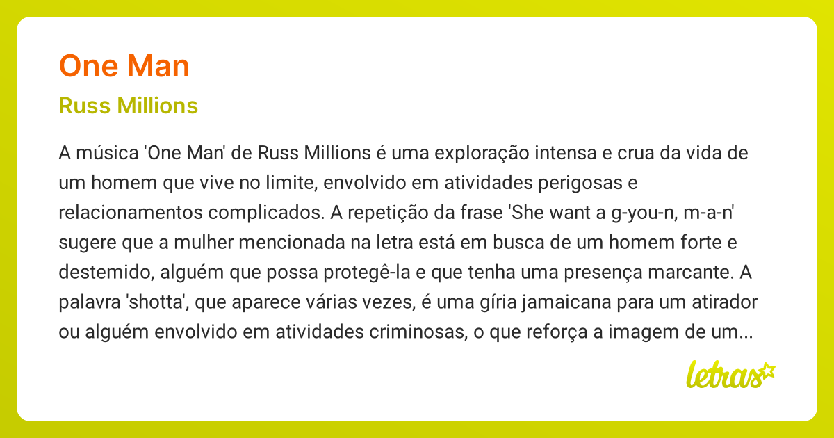 Significado da música ONE MAN (Russ Millions) - LETRAS.MUS.BR