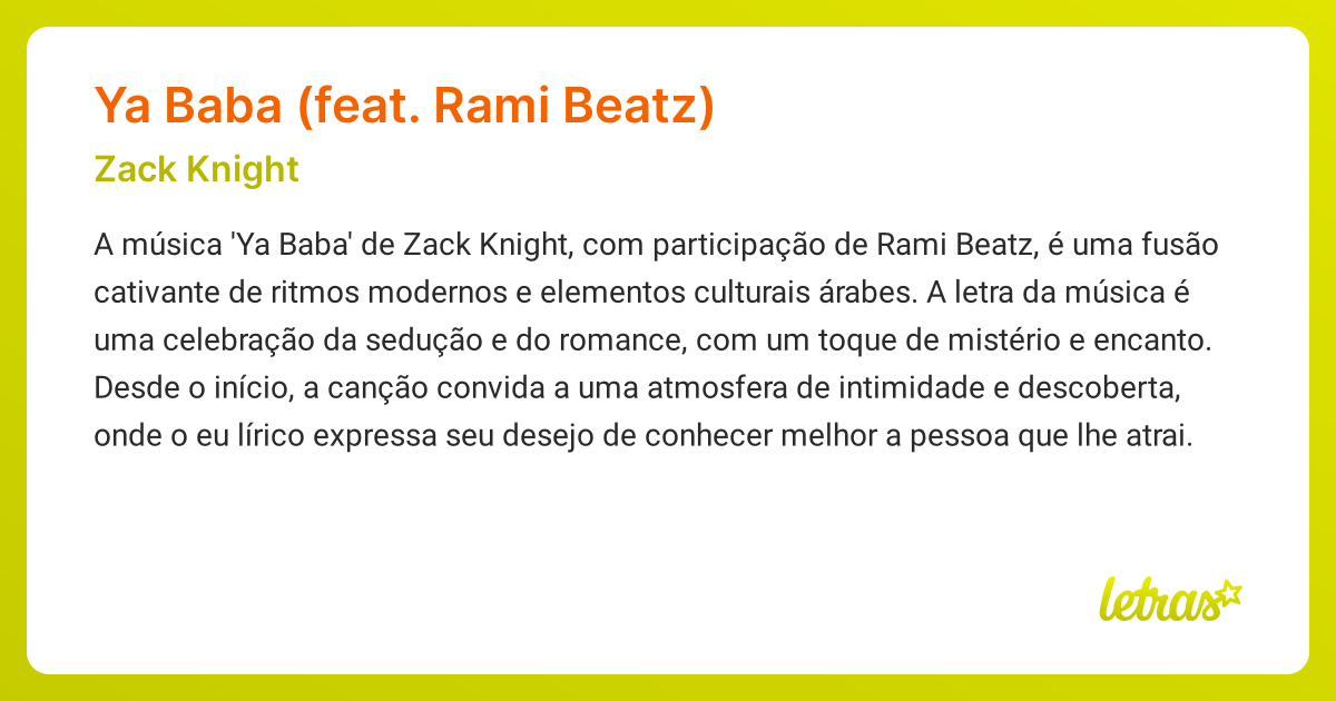 Significado da música YA BABA (FEAT. RAMI BEATZ) (Zack Knight) - LETRAS ...