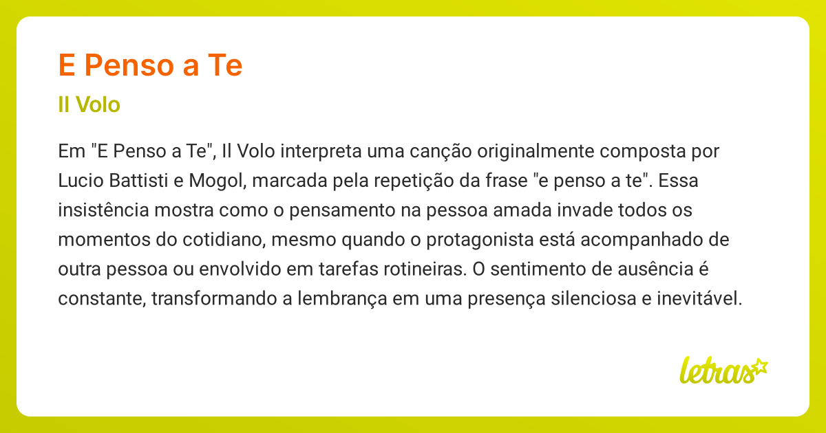 Significado da música E PENSO A TE (Il Volo) - LETRAS.MUS.BR
