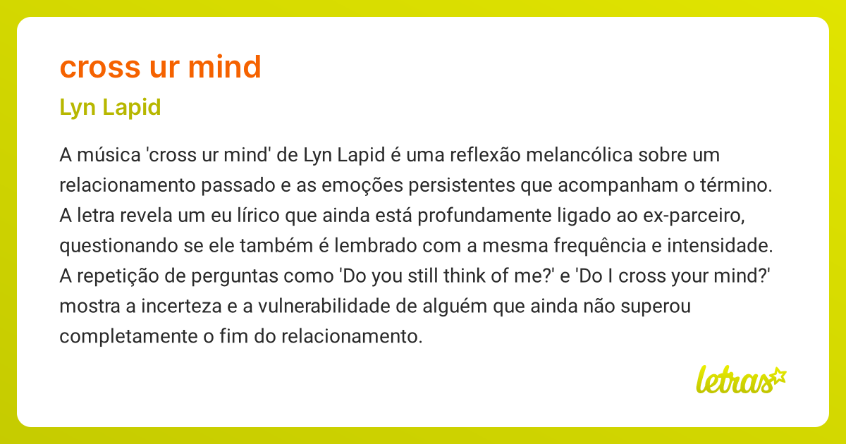 Significado da música CROSS UR MIND (Lyn Lapid) - LETRAS.MUS.BR