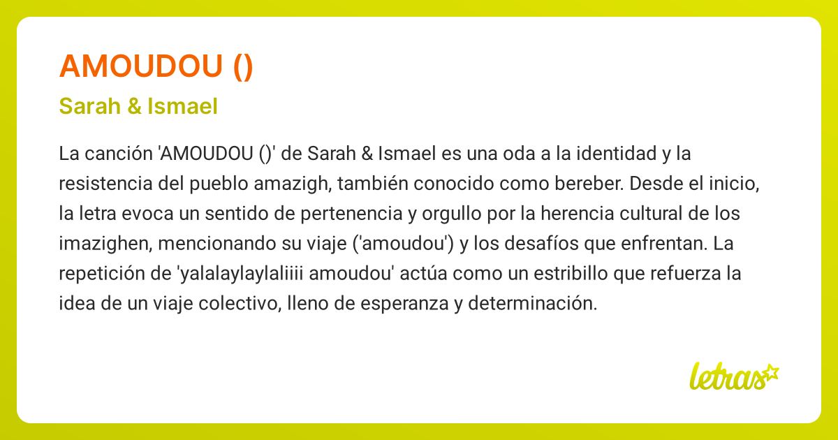Significado de la canción AMOUDOU (ⴰⵎⵓⴷⵓ) (Sarah & Ismael) - LETRAS.COM
