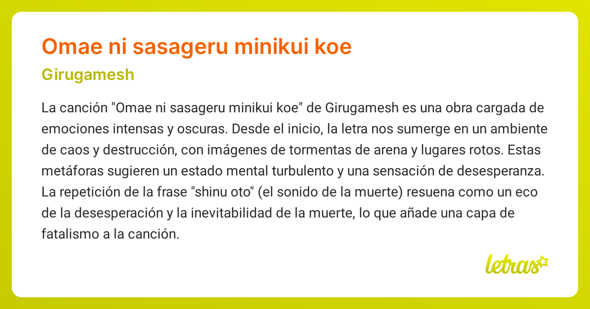 Significado de la canción OMAE NI SASAGERU MINIKUI KOE (Girugamesh ...
