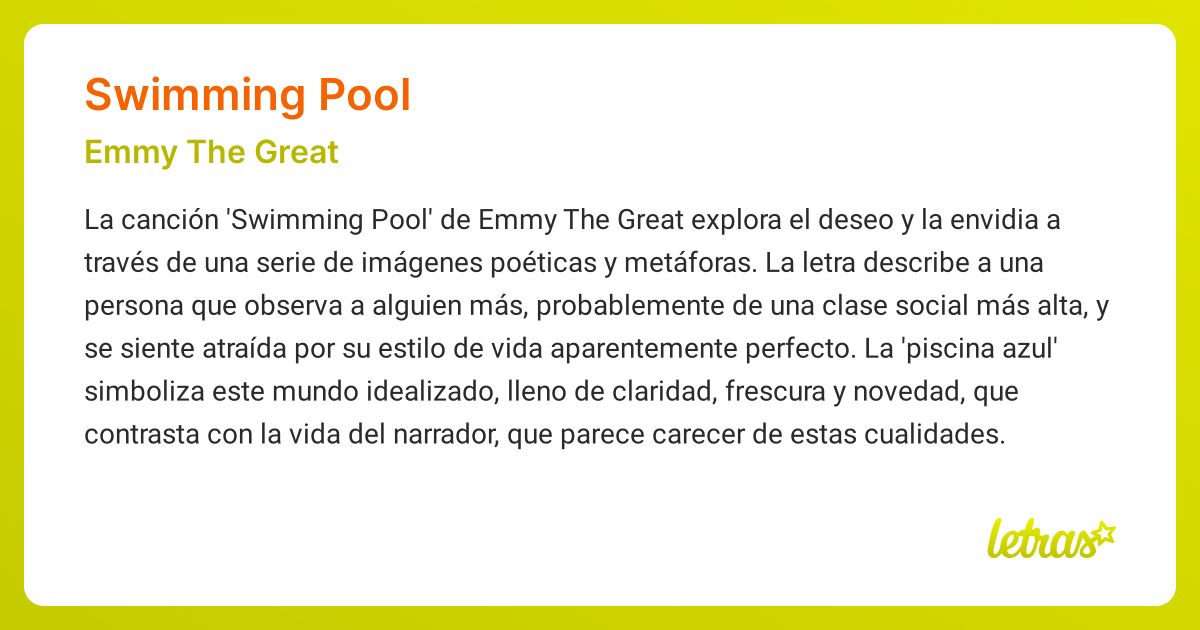 Significado de la canción SWIMMING POOL (Emmy The Great) - LETRAS.COM