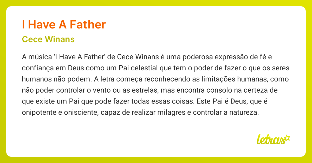Significado da música I HAVE A FATHER (Cece Winans) - LETRAS.MUS.BR