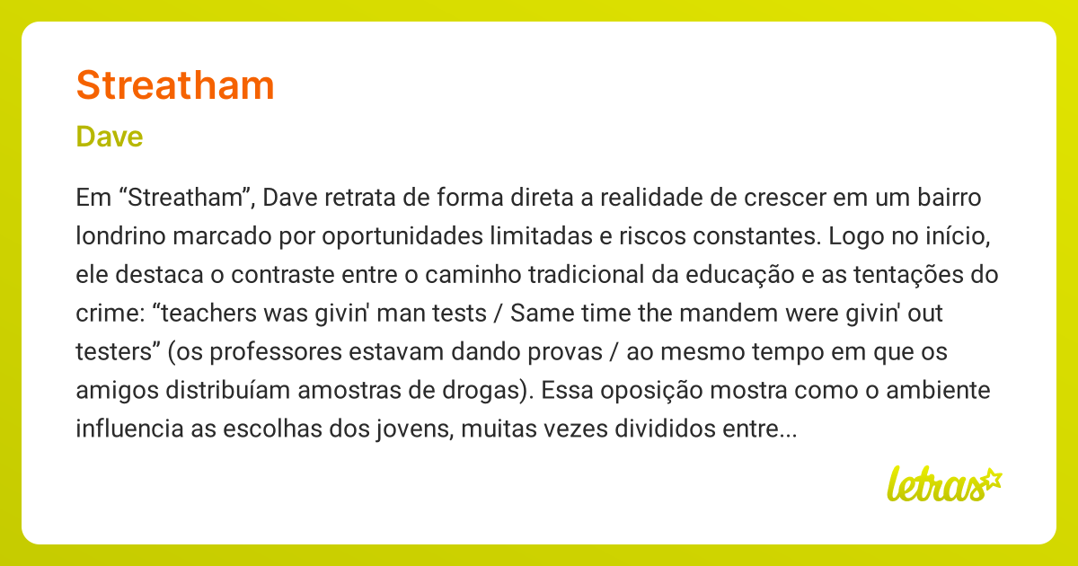 Significado da música STREATHAM (Dave) - LETRAS.MUS.BR