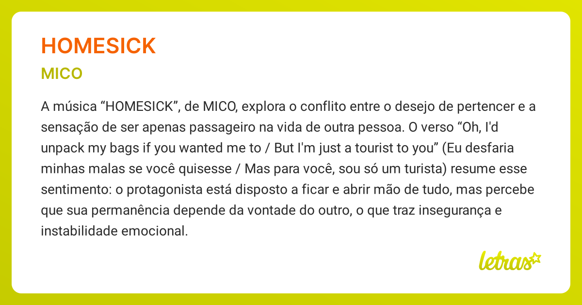 Significado da música HOMESICK (MICO) - LETRAS.MUS.BR