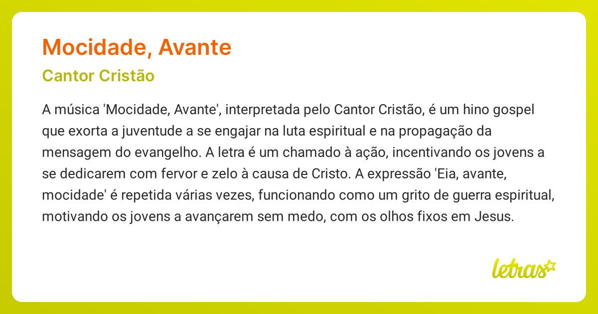 Significado da música MOCIDADE, AVANTE (Cantor Cristão) - LETRAS.MUS.BR