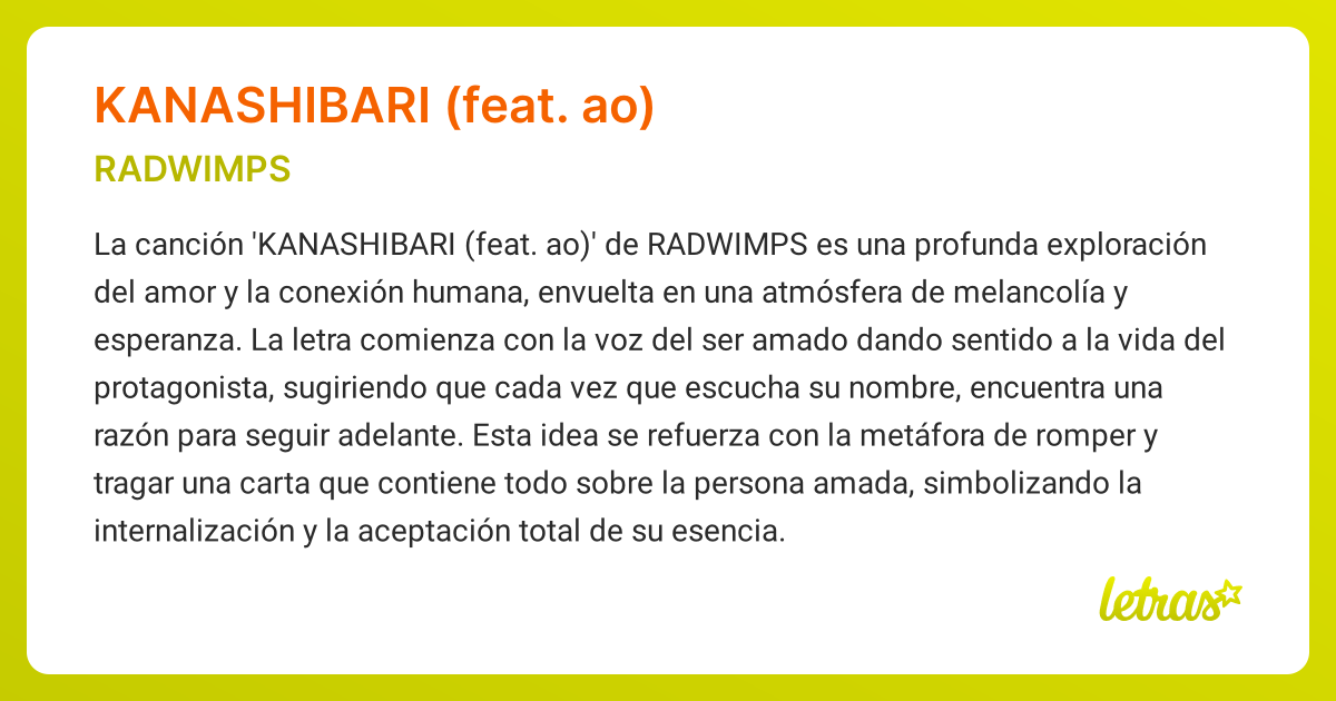 Significado de la canción KANASHIBARI (FEAT. AO) (RADWIMPS) - LETRAS.COM