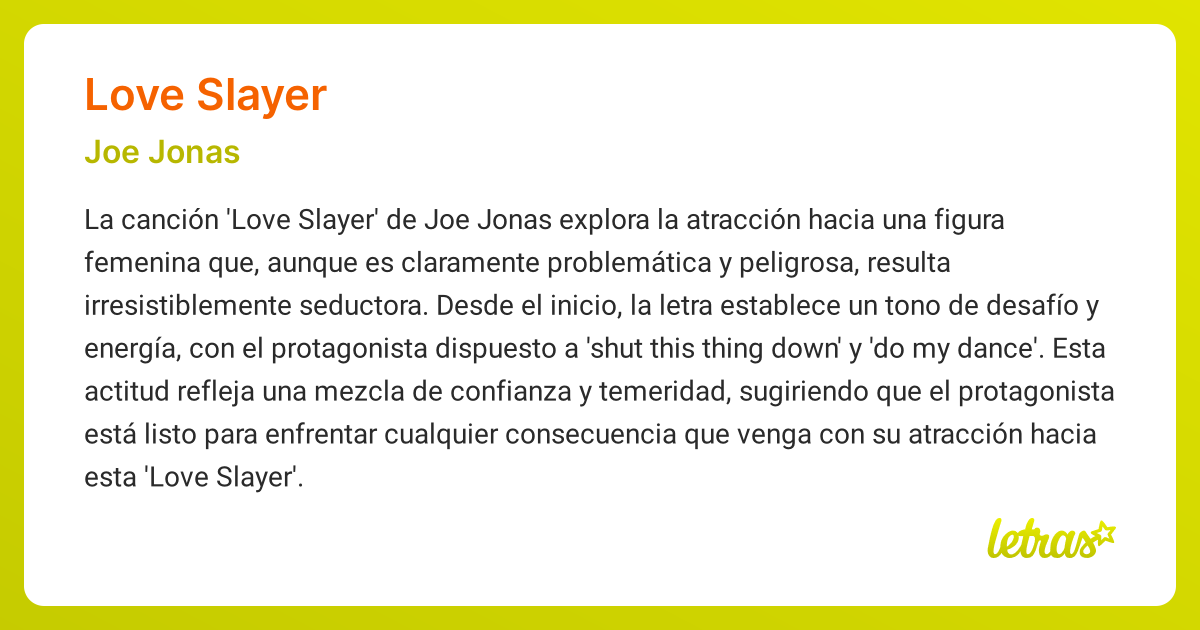 Significado de la canción LOVE SLAYER (Joe Jonas) - LETRAS.COM