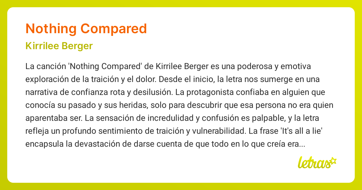 Significado de la canción NOTHING COMPARED (Kirrilee Berger) - LETRAS.COM