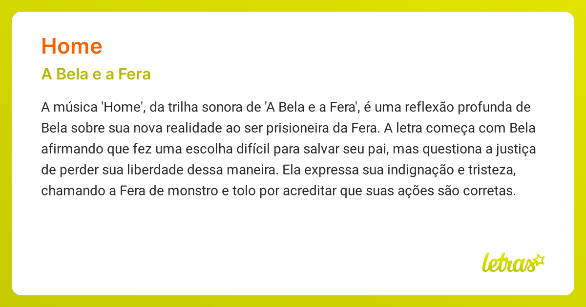 Significado da música HOME (A Bela e a Fera) - LETRAS.MUS.BR