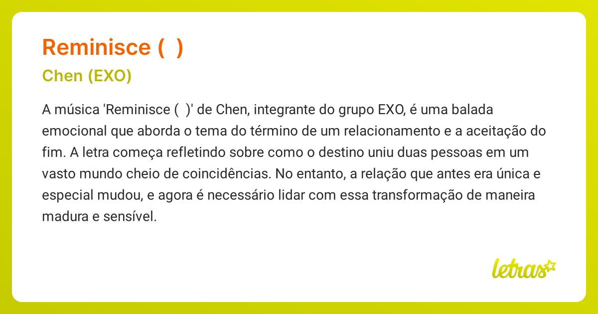 Significado da música Reminisce (그렇게 살아가면 돼요) (Chen (EXO)) - LETRAS.MUS.BR