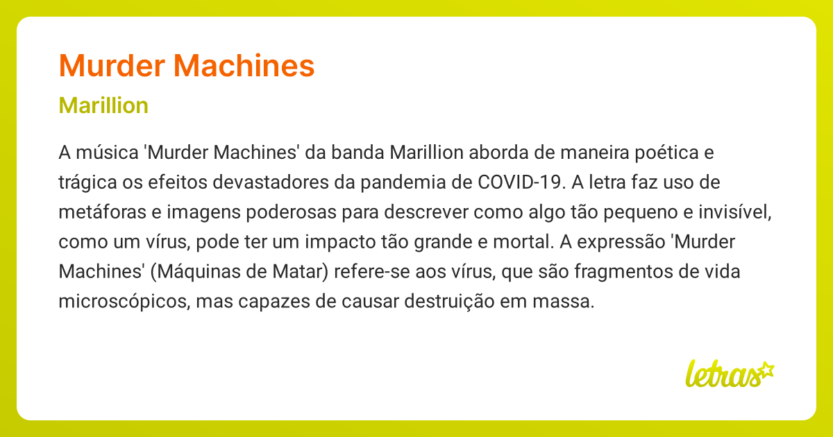 Significado da música MURDER MACHINES (Marillion) - LETRAS.MUS.BR
