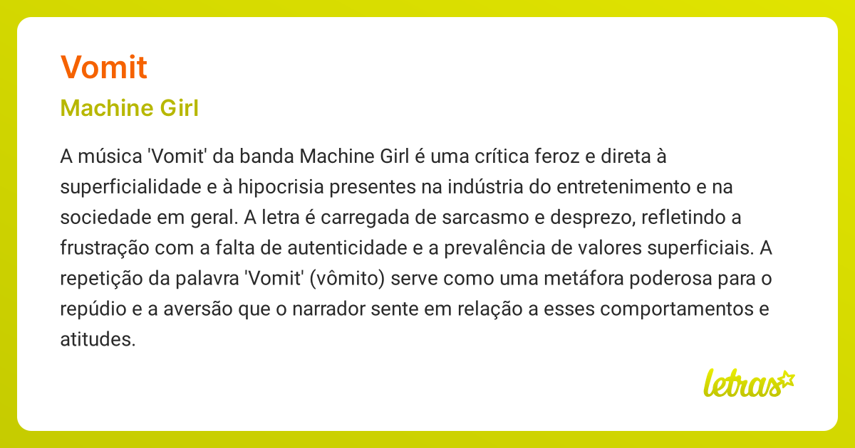 Significado da música VOMIT (Machine Girl) - LETRAS.MUS.BR