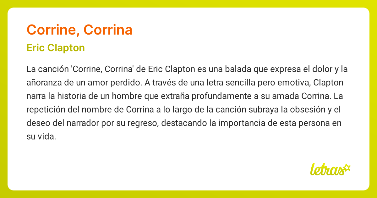 Significado de la canción CORRINE, CORRINA (Eric Clapton) - LETRAS.COM