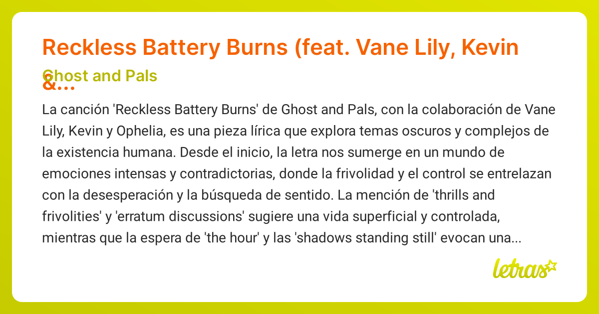 Significado de la canción Reckless Battery Burns (feat. Vane Lily ...
