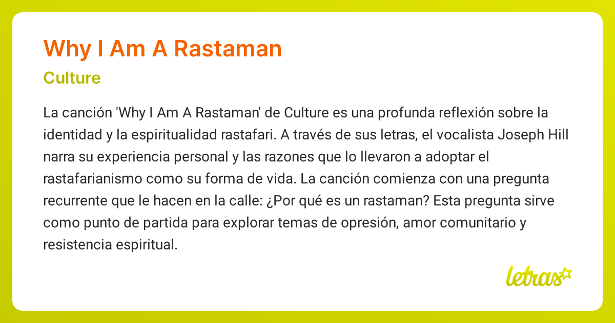 Significado de la canción WHY I AM A RASTAMAN (Culture) - LETRAS.COM
