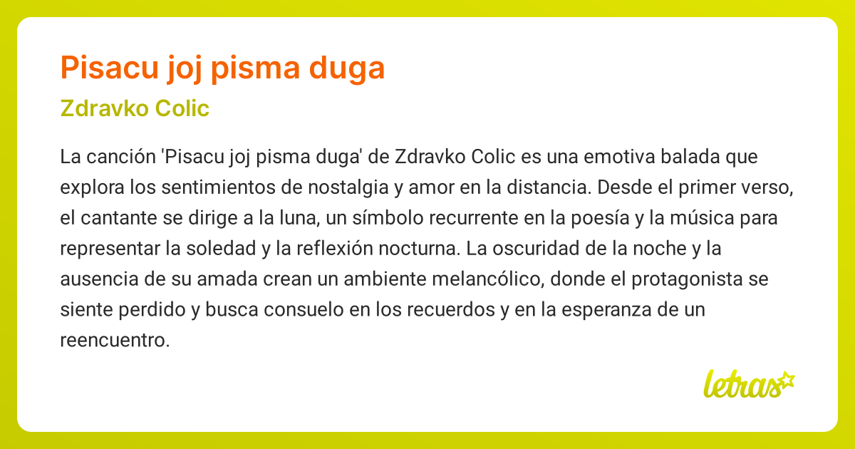Significado de la canción PISACU JOJ PISMA DUGA (Zdravko Colic ...
