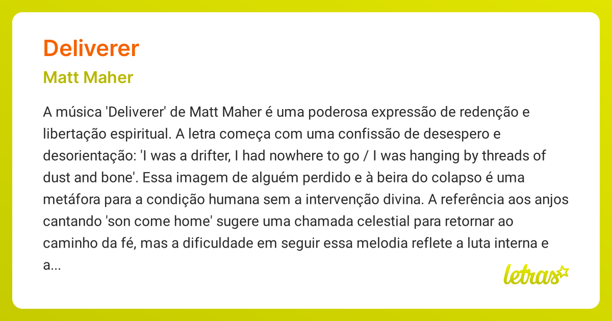 Significado da música DELIVERER (Matt Maher) - LETRAS.MUS.BR