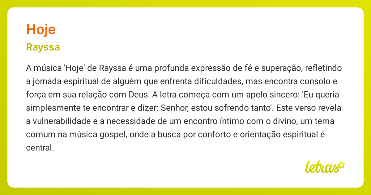 Significado da música HOJE (Rayssa) - LETRAS.MUS.BR