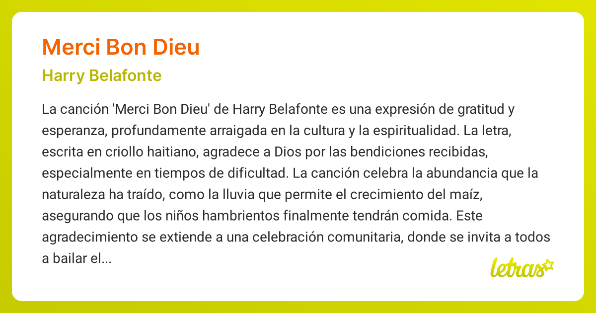 Significado de la canción MERCI BON DIEU (Harry Belafonte) - LETRAS.COM