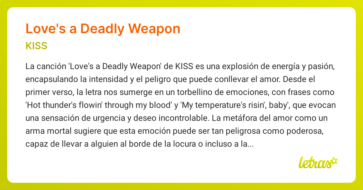 Significado de la canción LOVE'S A DEADLY WEAPON (KISS) - LETRAS.COM
