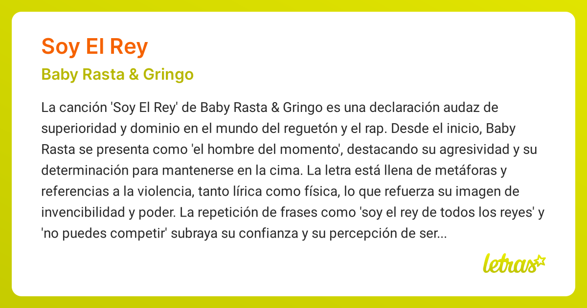 Significado de la canción SOY EL REY (Baby Rasta & Gringo) - LETRAS.COM