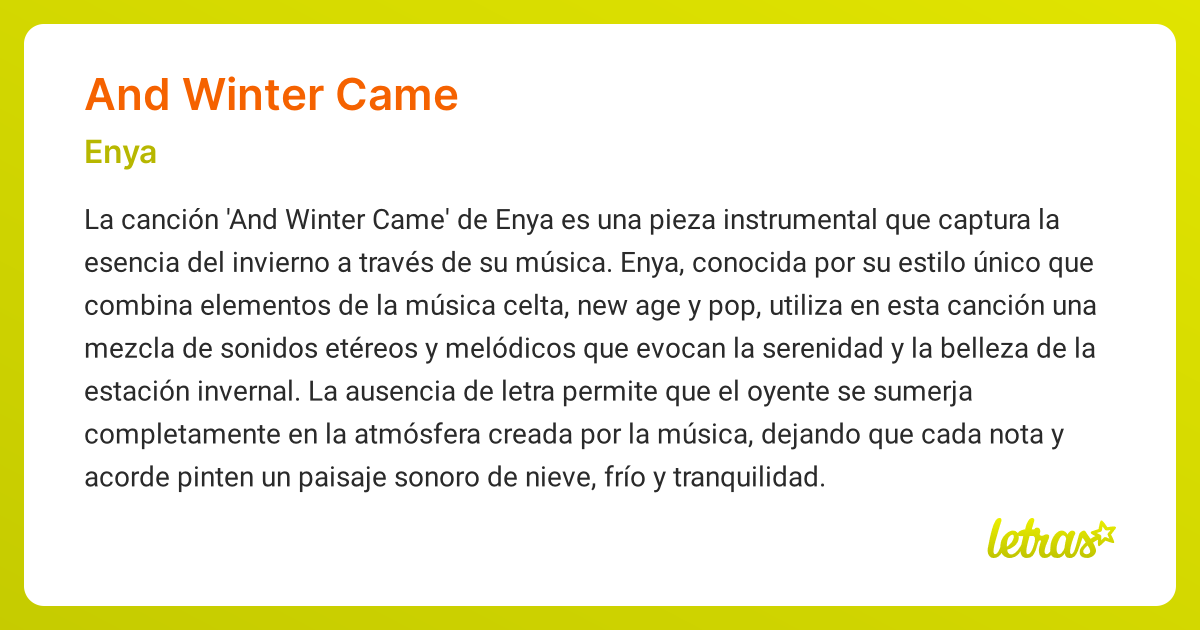 Significado de la canción AND WINTER CAME (Enya) - LETRAS.COM