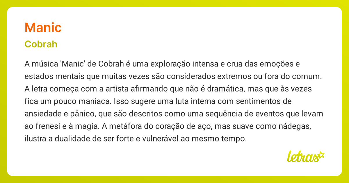 Significado da música MANIC (Cobrah) - LETRAS.MUS.BR