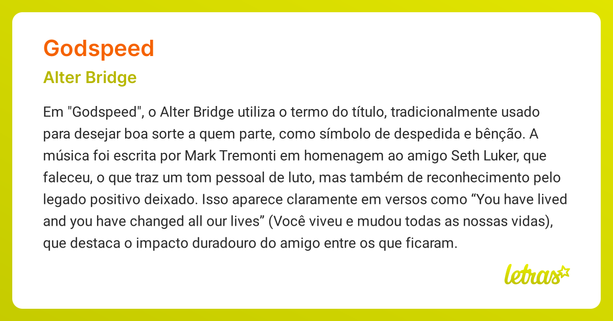 Significado da música GODSPEED (Alter Bridge) - LETRAS.MUS.BR