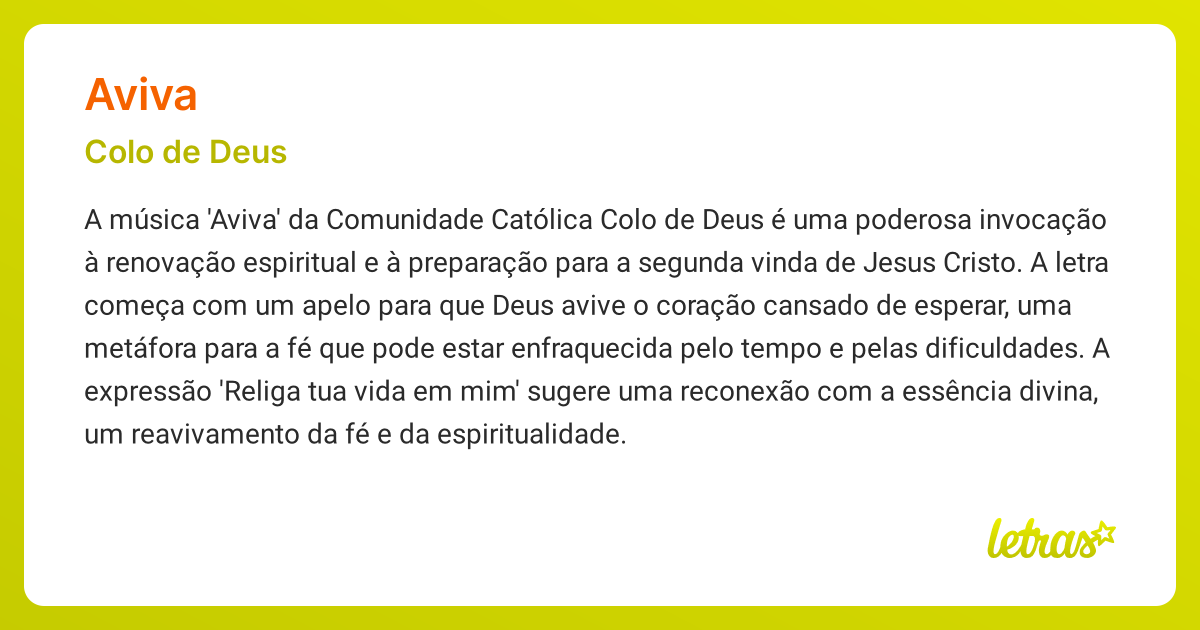 Significado da música AVIVA (Colo de Deus) - LETRAS.MUS.BR
