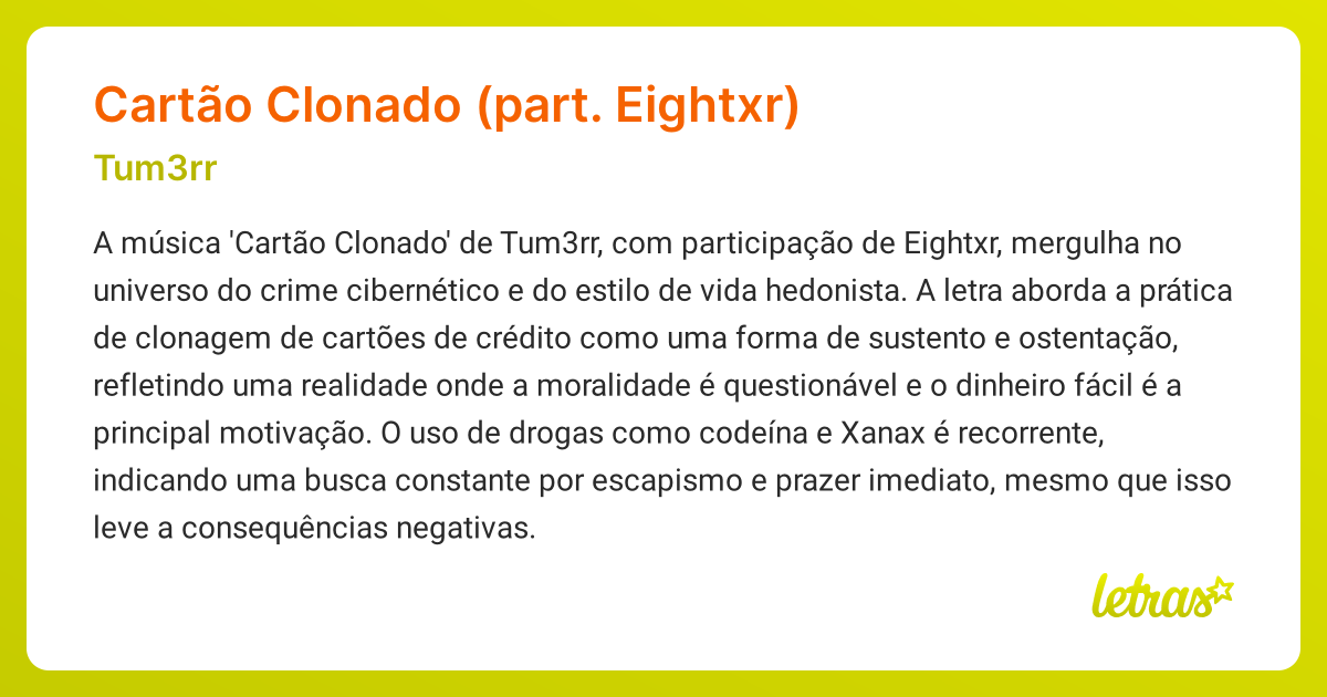 Significado da música Cartão Clonado (part. Eightxr) (Tum3rr) - LETRAS ...