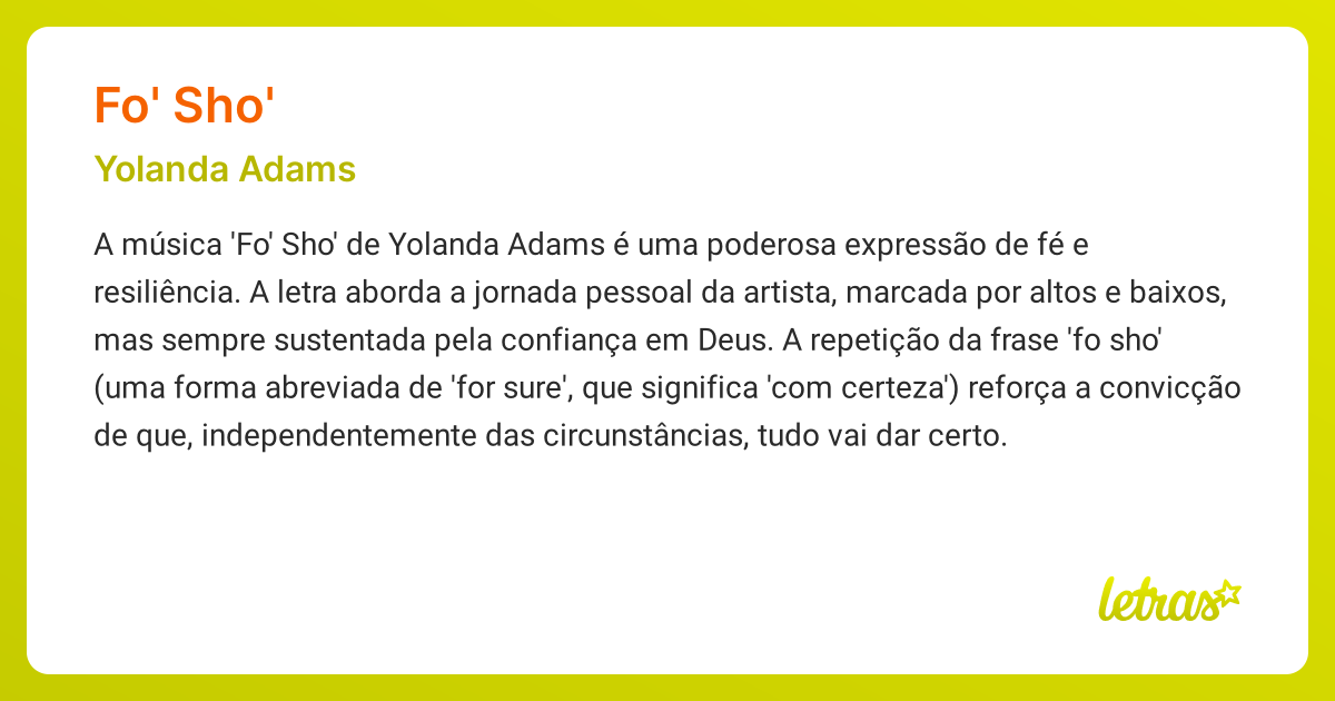 Significado da música FO' SHO' (Yolanda Adams) - LETRAS.MUS.BR