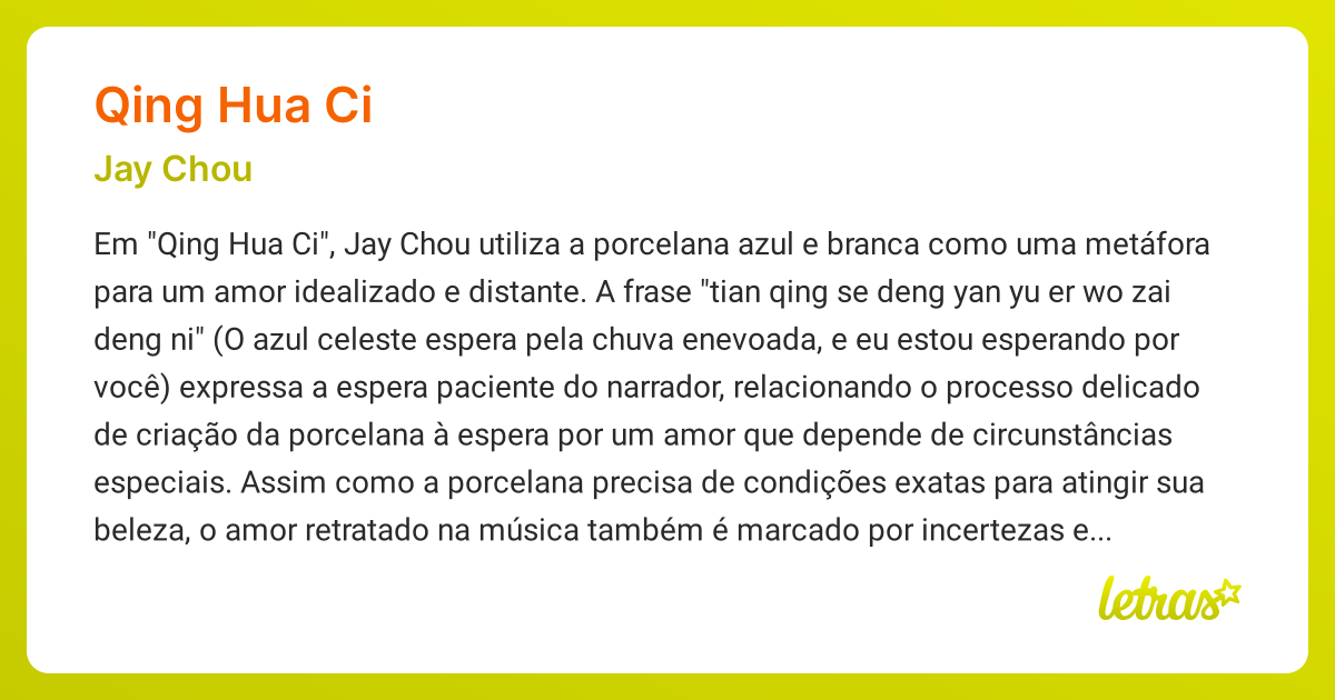 Significado da música QING HUA CI (Jay Chou) - LETRAS.MUS.BR
