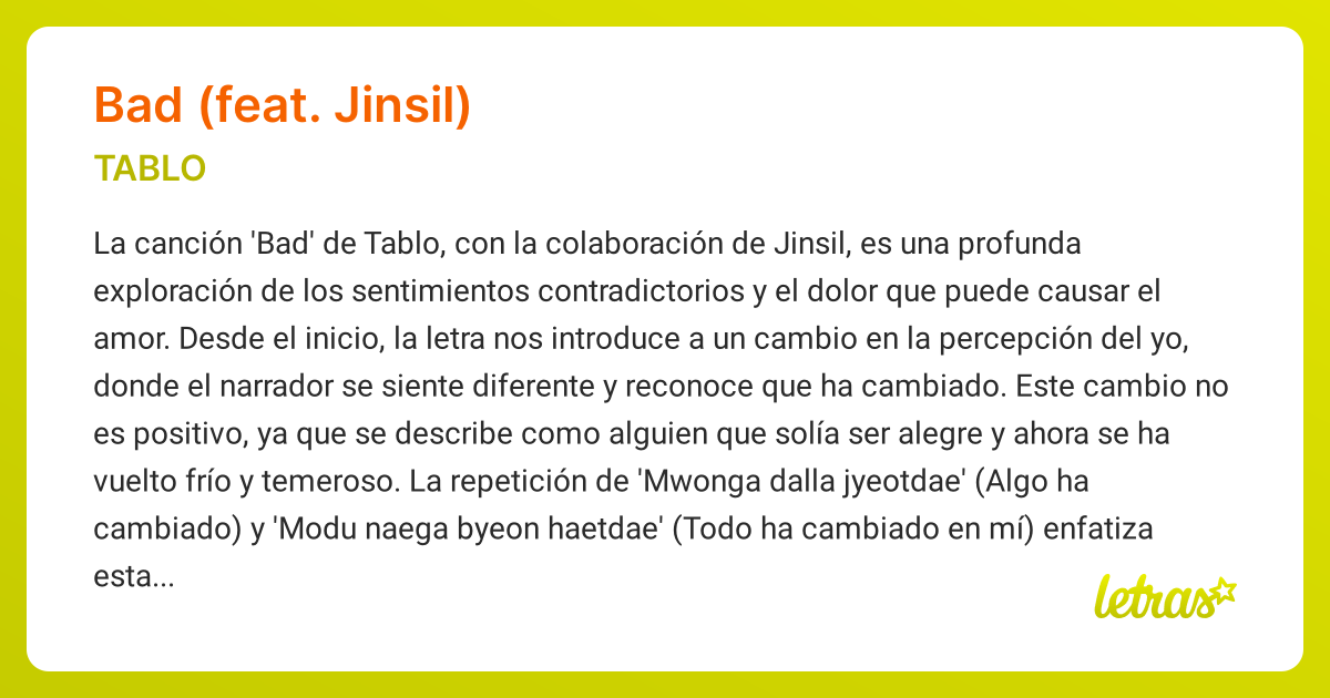 Significado de la canción BAD (FEAT. JINSIL) (TABLO) - LETRAS.COM
