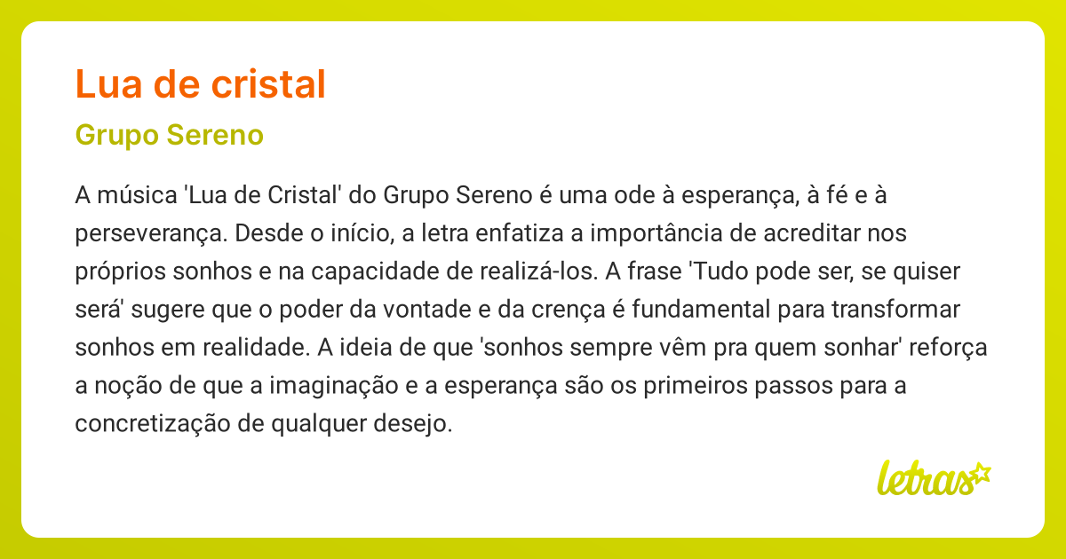 Significado da música LUA DE CRISTAL (Grupo Sereno) - LETRAS.MUS.BR