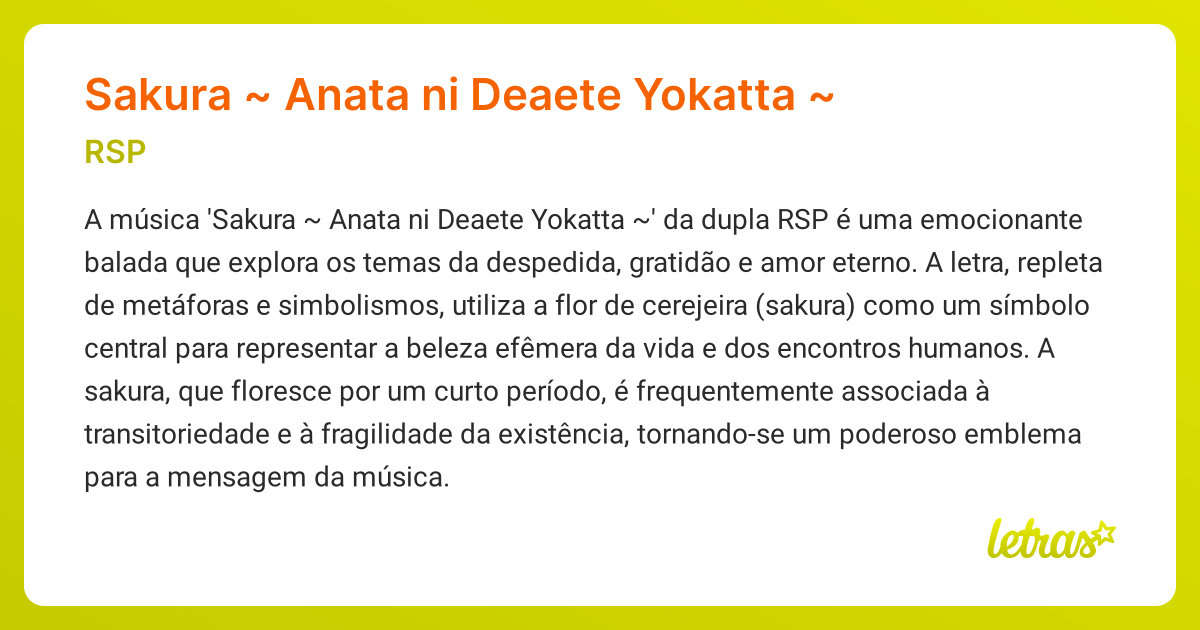 Significado da música Sakura ~ Anata ni Deaete Yokatta ~ (RSP) - LETRAS ...
