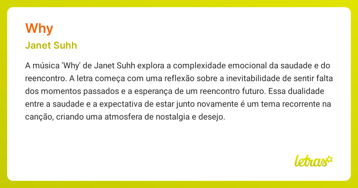 Significado da música WHY (Janet Suhh) - LETRAS.MUS.BR