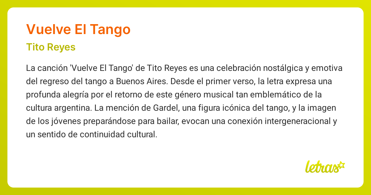 Significado de la canción VUELVE EL TANGO (Tito Reyes) - LETRAS.COM