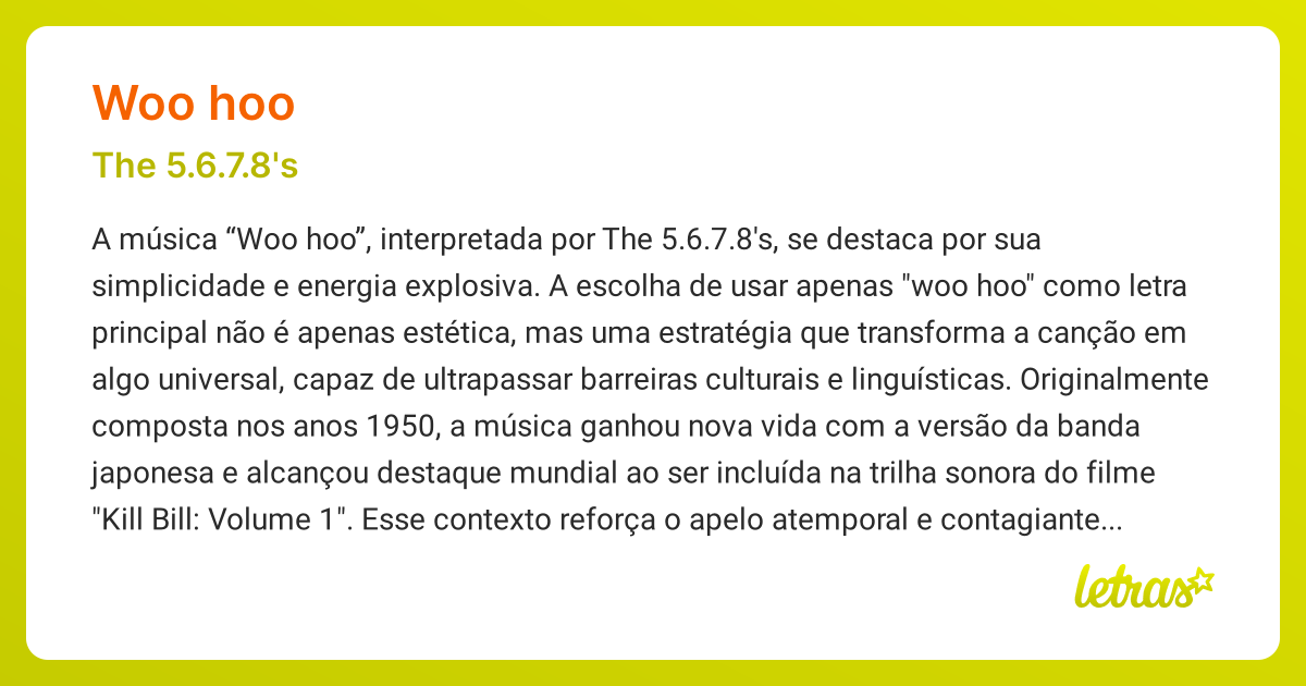 Significado da música WOO HOO (The 5.6.7.8's) - LETRAS.MUS.BR