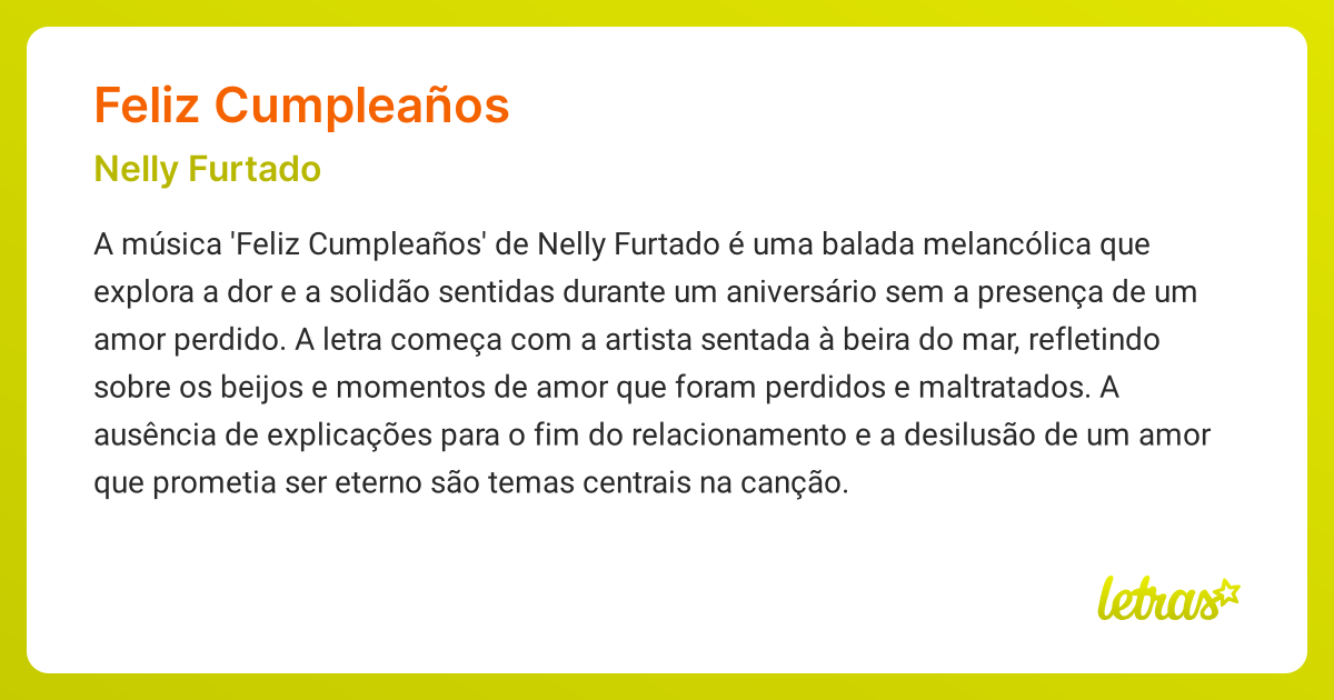 Significado da música FELIZ CUMPLEAÑOS (Nelly Furtado) - LETRAS.MUS.BR