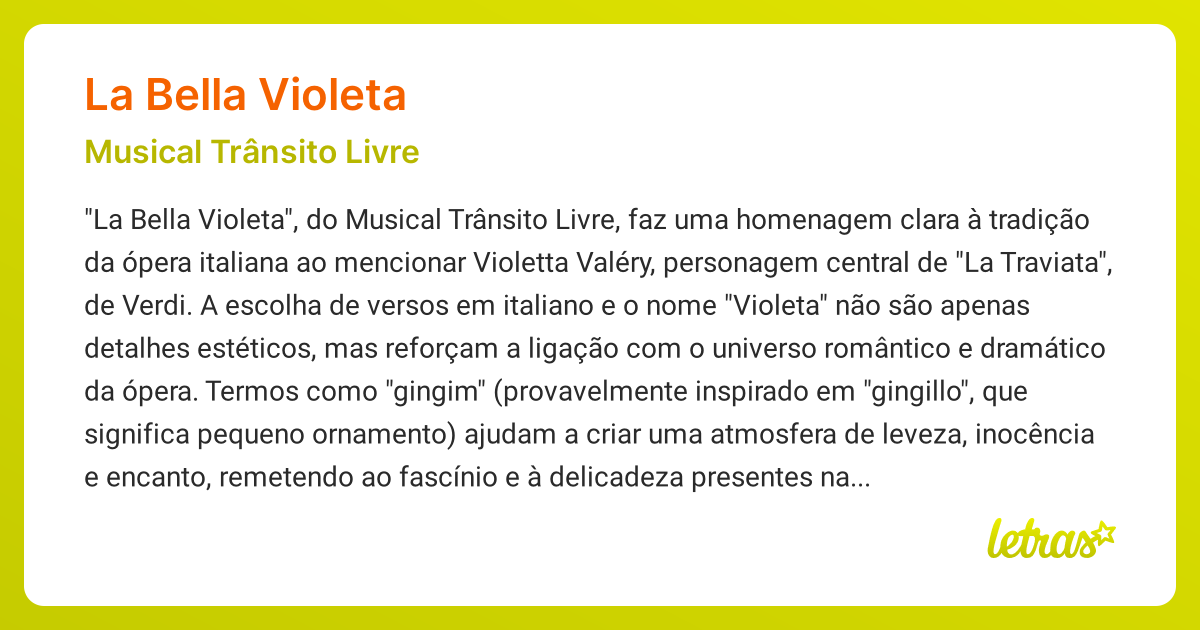 Significado da música LA BELLA VIOLETA (Musical Trânsito Livre ...