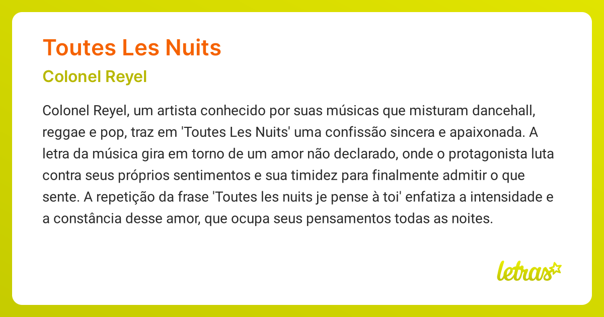 Significado da música TOUTES LES NUITS (Colonel Reyel) - LETRAS.MUS.BR