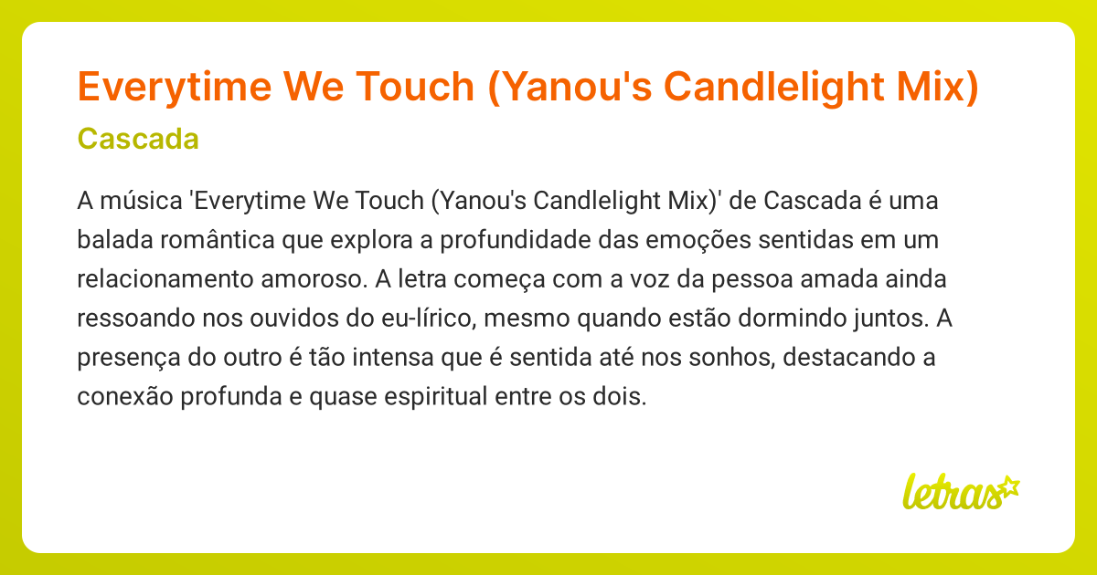 Significado da música Everytime We Touch (Yanou's Candlelight Mix ...